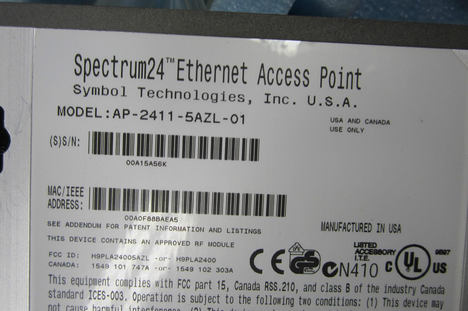 NEW SYMBOL TECHNOLOGIES A-2411-5AZL-01 ETHERNET ACCESS POINT ...