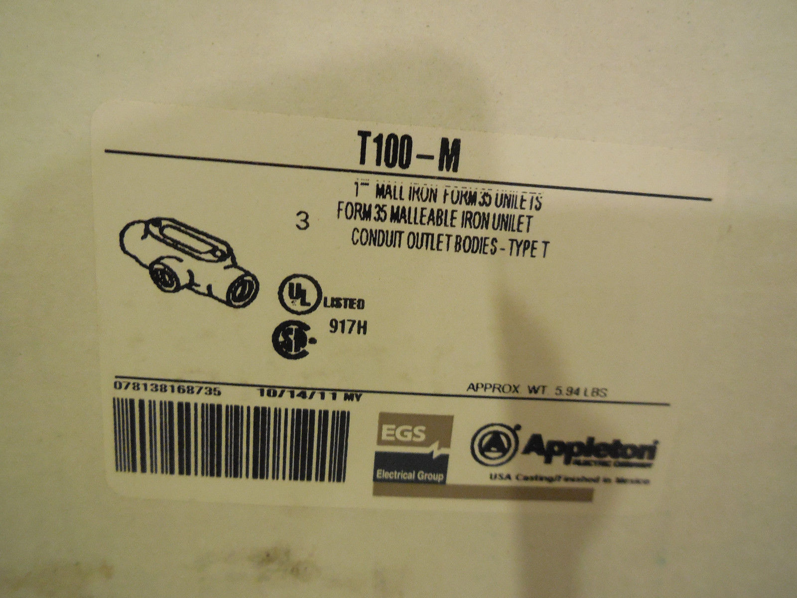 3 NEW APPLETON T100-M MALL IRON UNILET T100M - SB Industrial Supply, Inc.