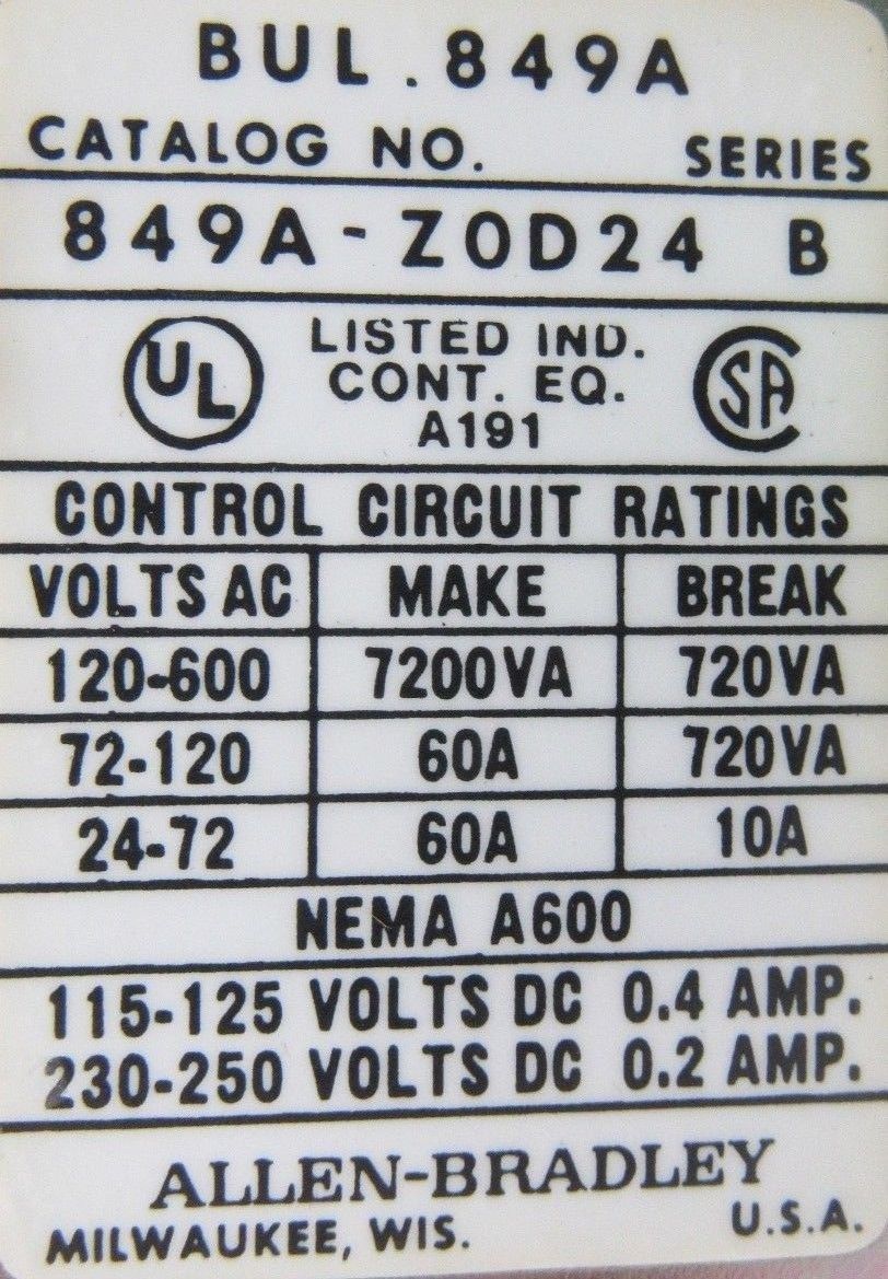 NEW ALLEN BRADLEY 849A-Z0D24 PNEUMATIC TIMING RELAY 849AZ0D24 SERIES B ...