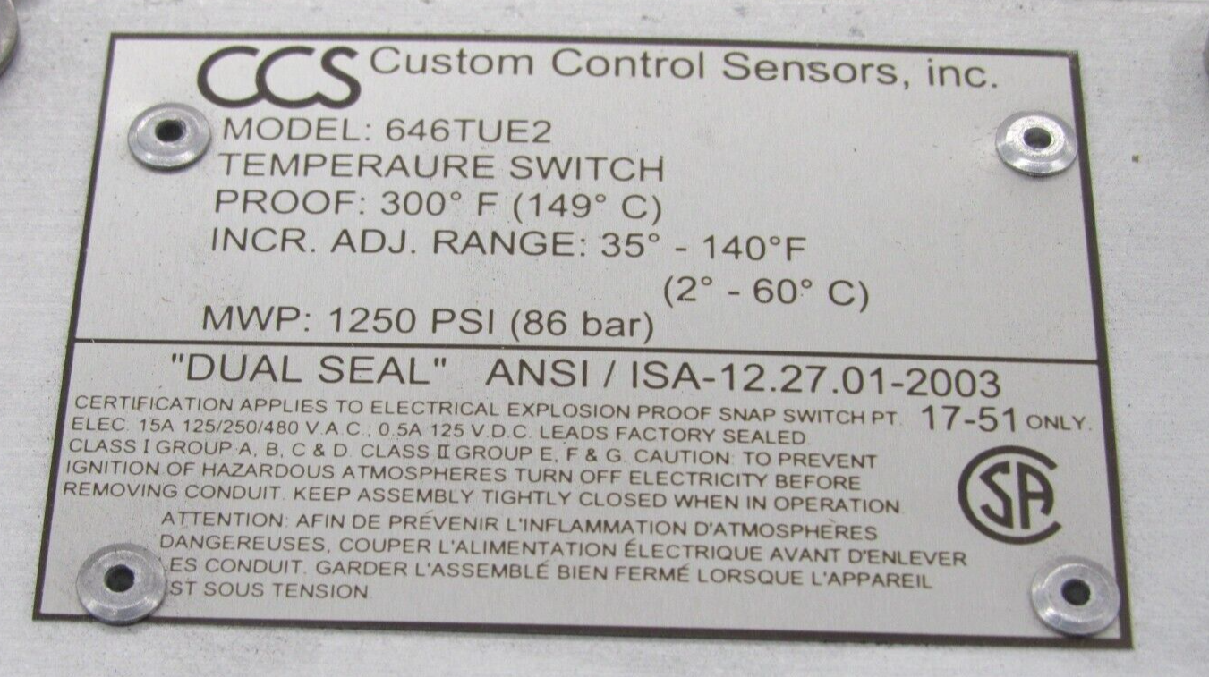 NEW CUTOM CONTROL SENSORS 646TUE2 TEMPERATURE SWITCH - SB Industrial ...