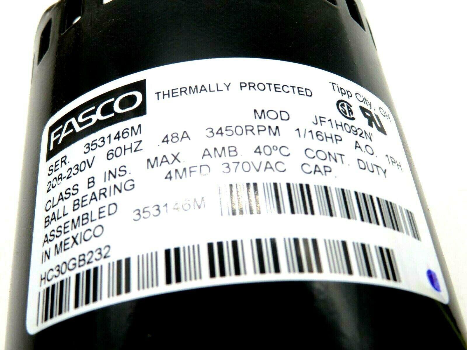 NEW FASCO HC30GB232 MOTOR 208/230V .48A 60HZ 3450RPM 1/16HP - SB ...