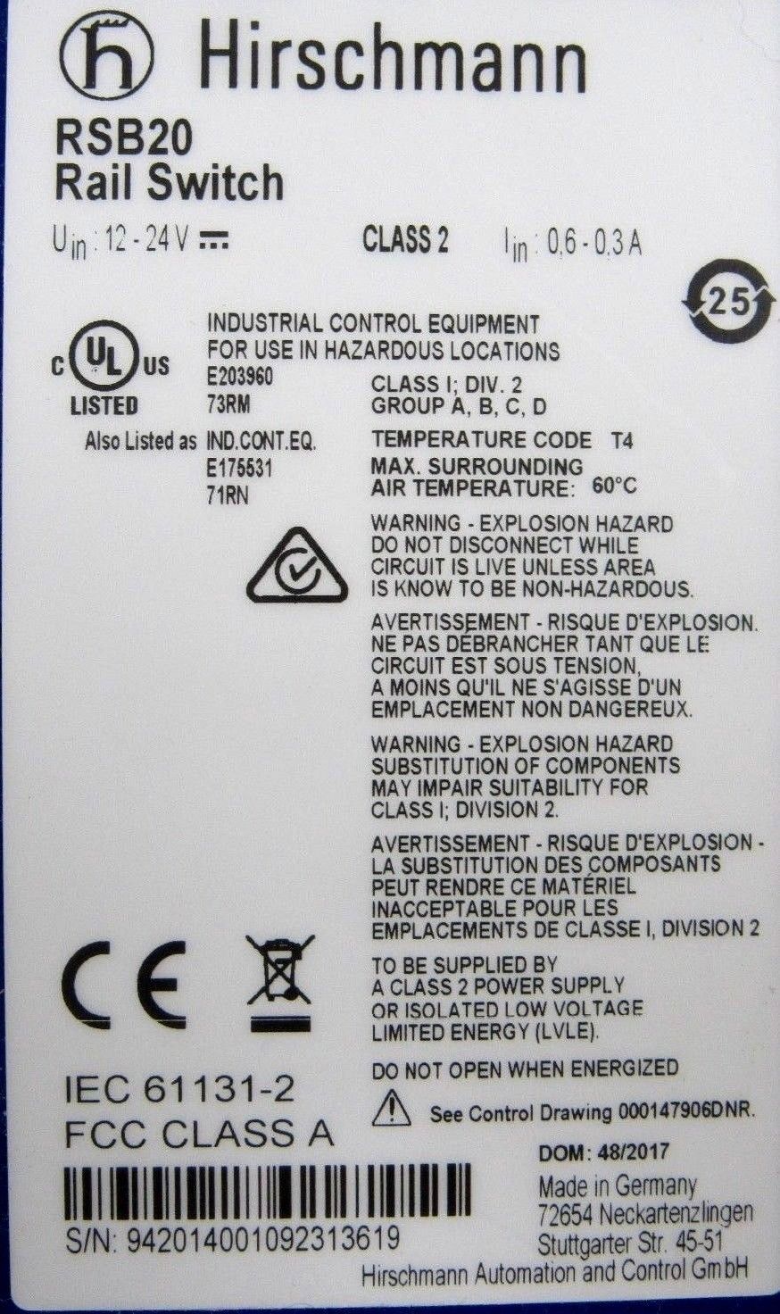 NEW HIRSCHMANN RSB20-0800T1T1SAABHH05.3.06 RAIL SWITCH ...