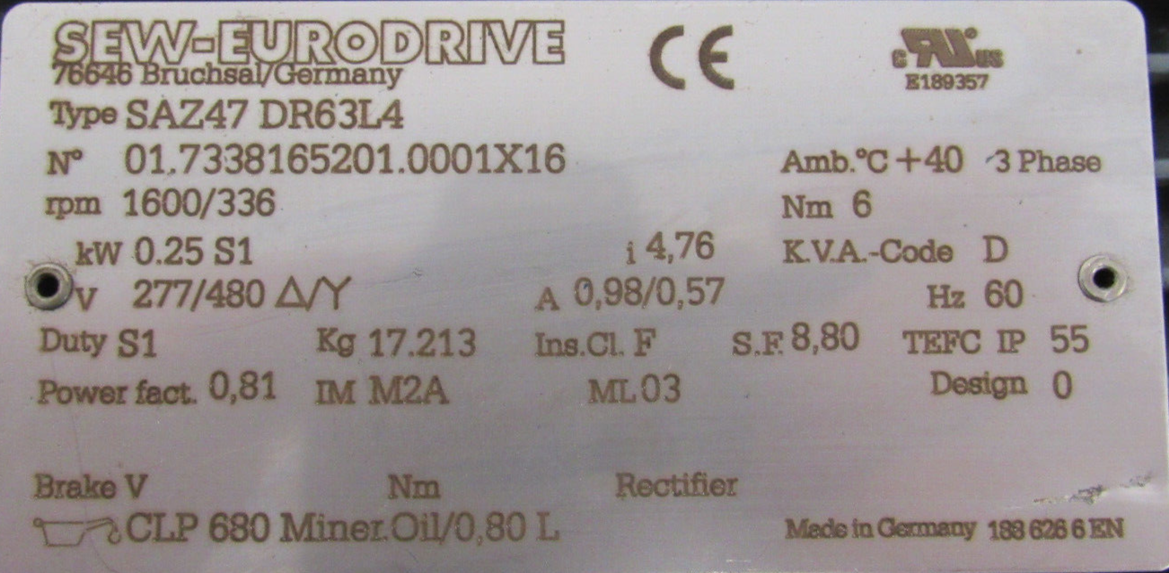 NEW SEW EURODRIVE SAZ47 DR63L4 GEARMOTOR 277/480V SAZ47DR63L4 - SB ...