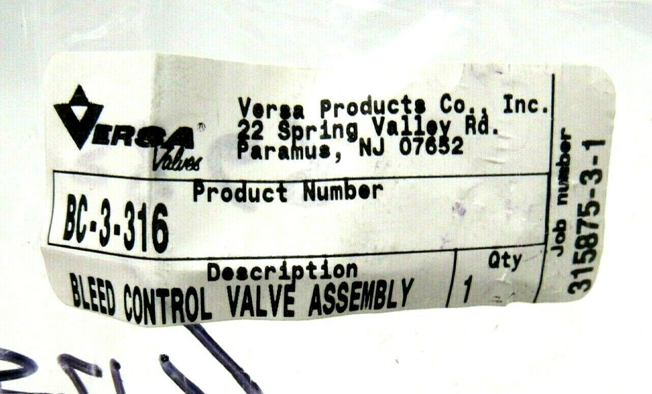 NEW VERSA VALVES BC-3-316 BLEED CONTROL VALVE BC3316 - SB Industrial ...