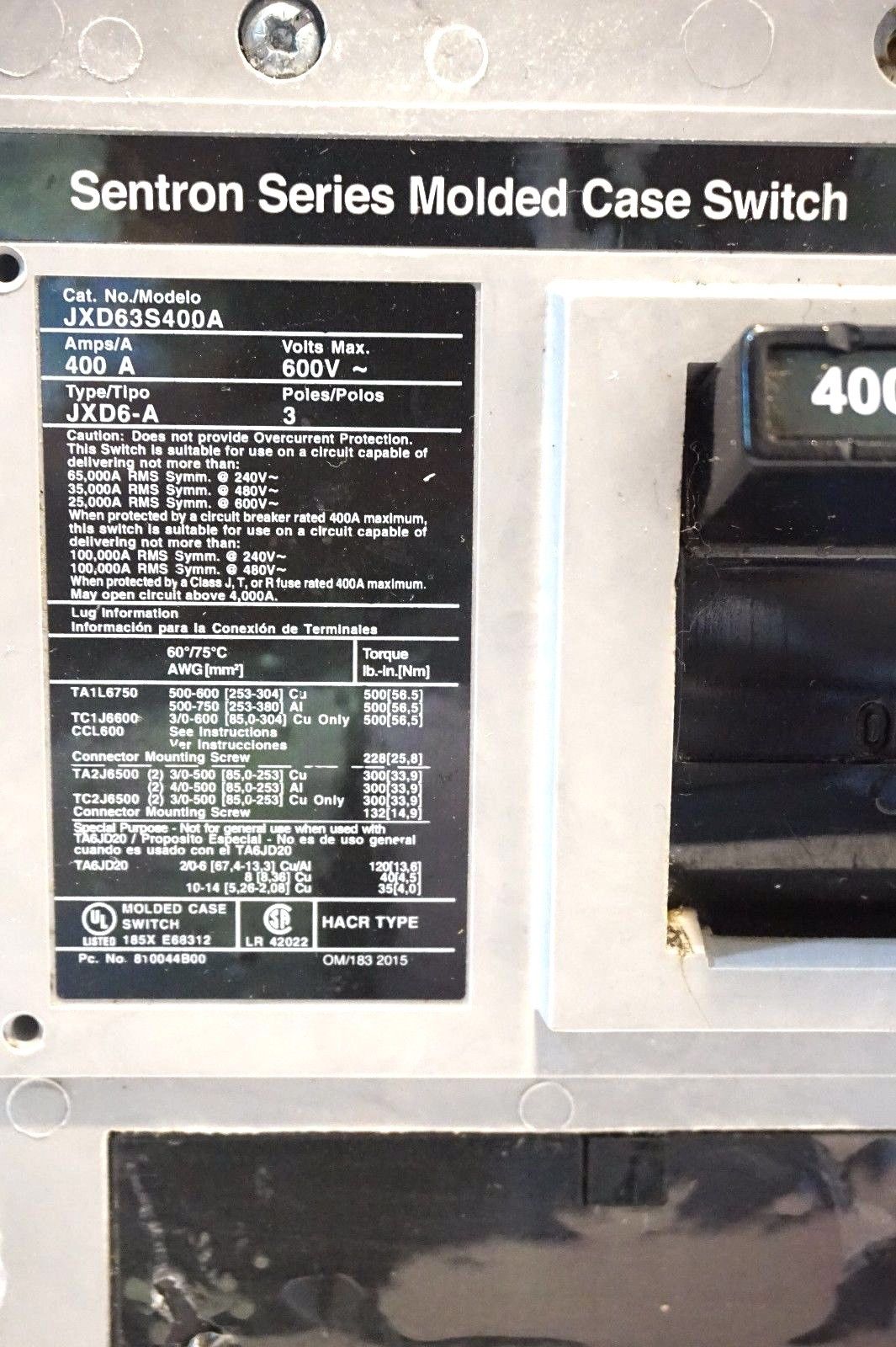 SIEMENS JXD63-S400A CIRCUIT BREAKER 400A 600V 3 POLE JXD63S400A - SB ...