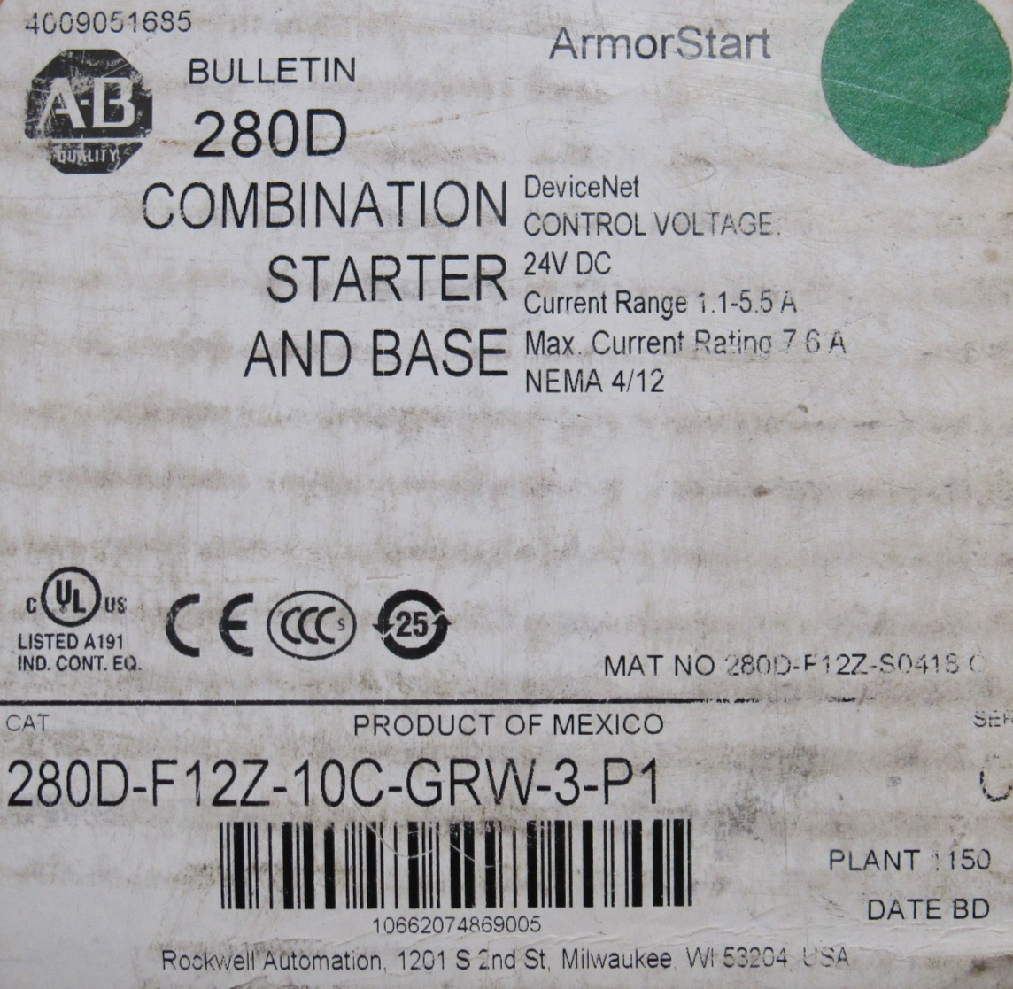 ALLEN BRADLEY 280D-F12Z-10C-GRW-3-P1 STARTER AND BASE 280D-FN-10-R NEW ...
