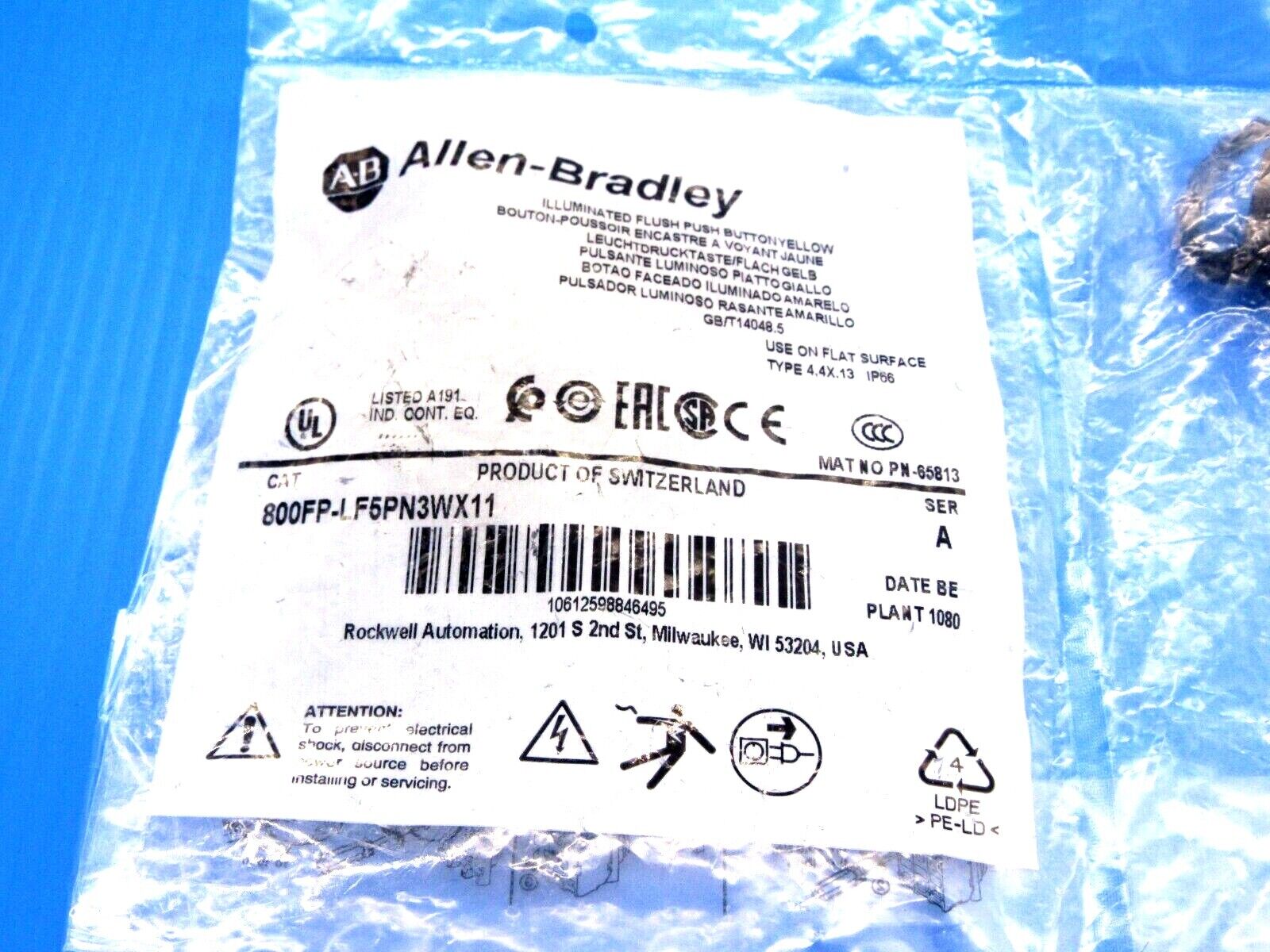 NEW ALLEN BRADLEY 800FP-LF5PN3WX11 YELLOW ILLUMINATED PUSH BUTTON - SB ...