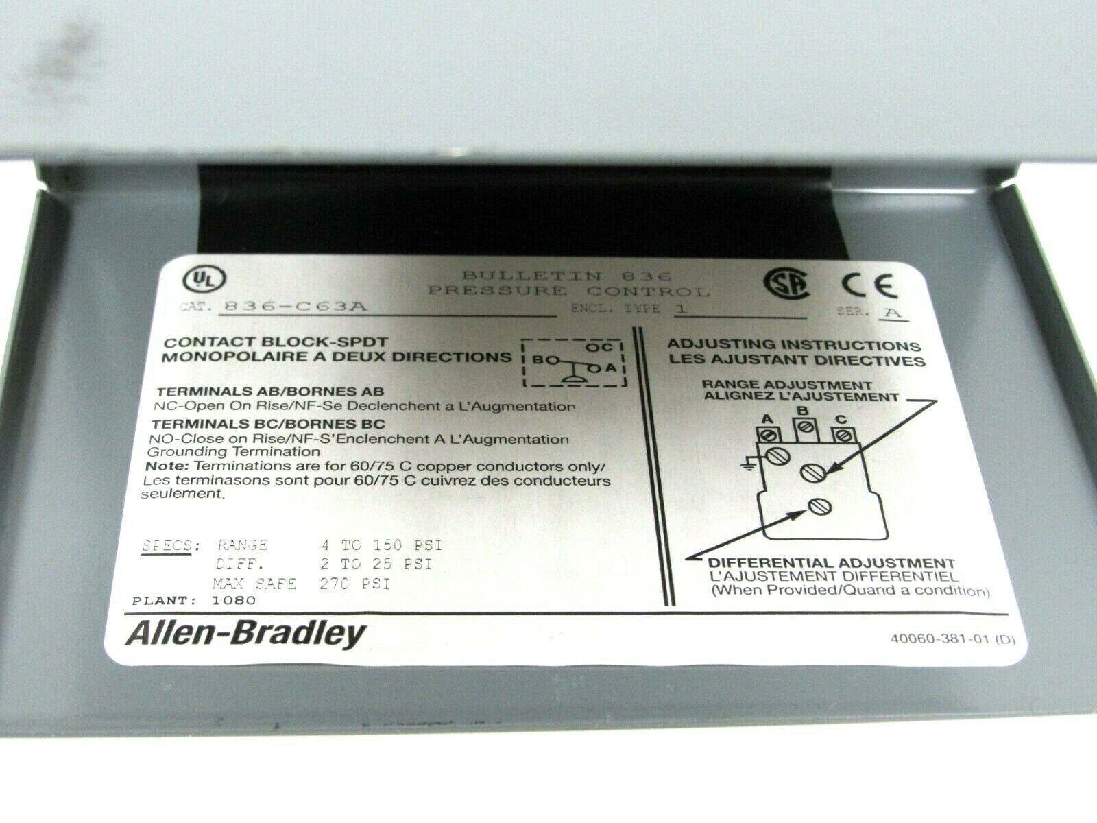 NEW ALLEN BRADLEY 836-C63A PRESSURE CONTROL 836C63A - SB Industrial ...