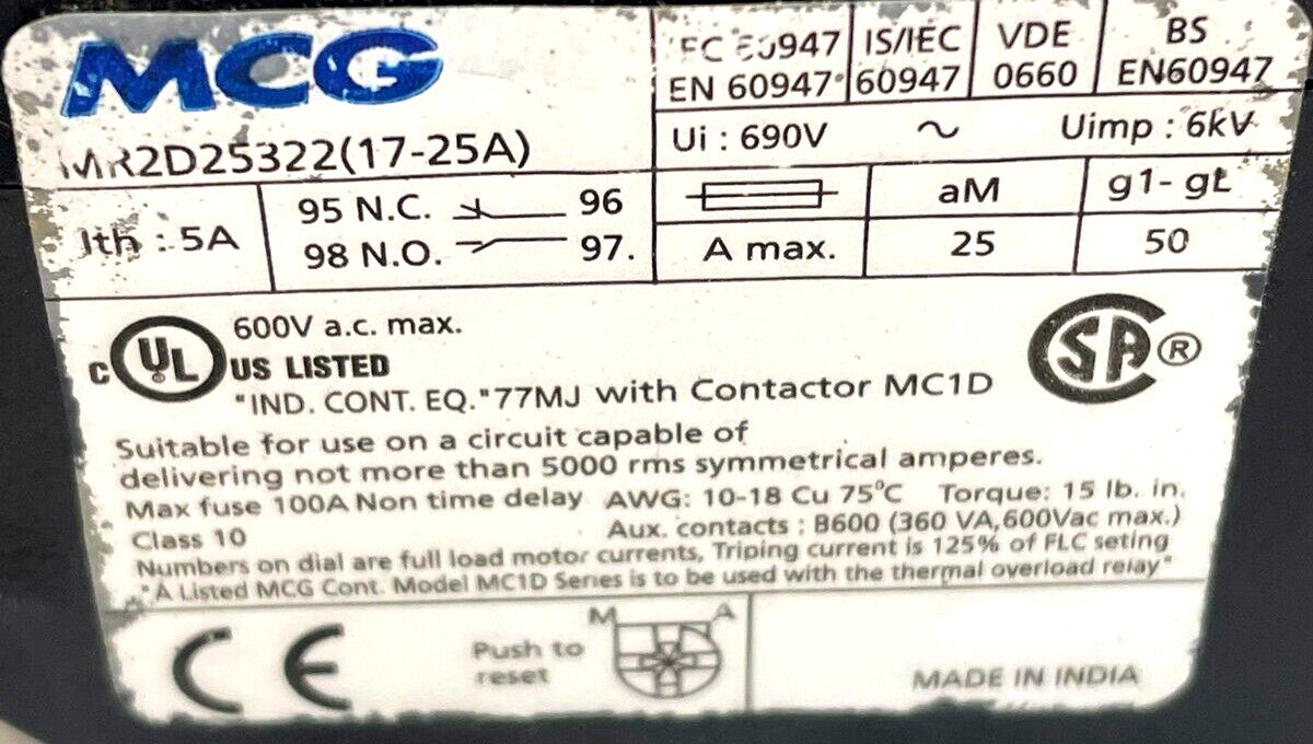 NEW MCG MR2D25322 OVERLOAD RELAY MR2D25 - SB Industrial Supply, Inc.