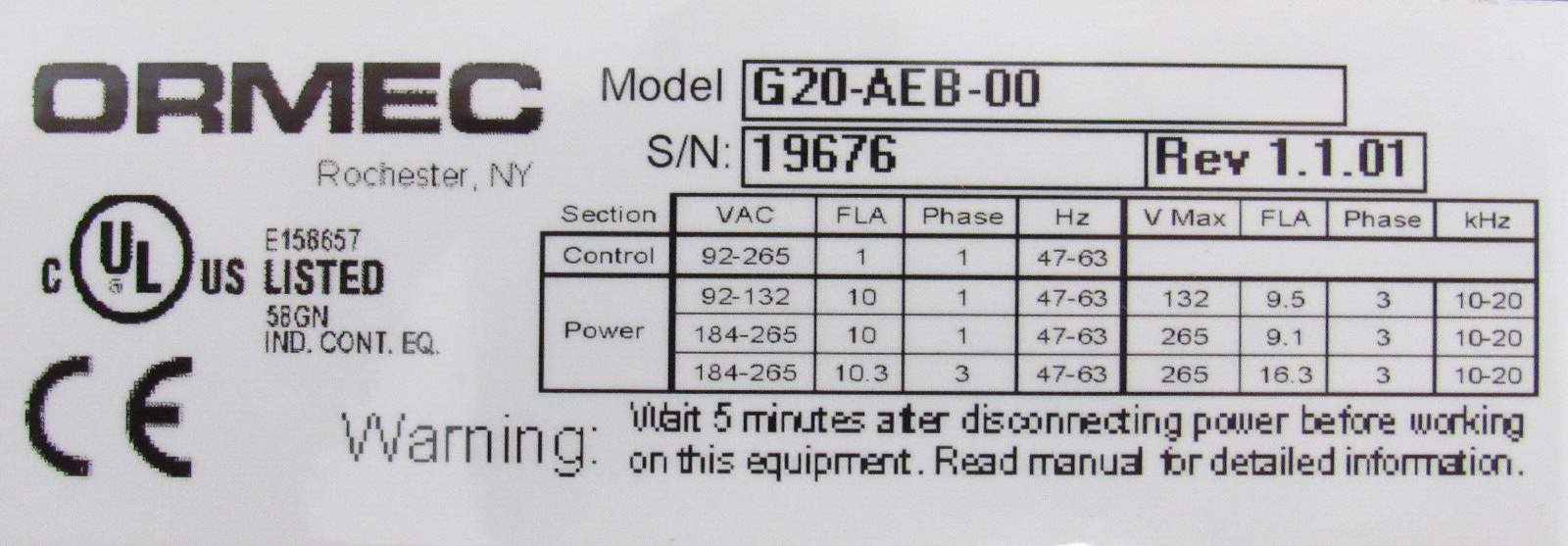NEW ORMEC G20-AEB-00 DRIVE G20AEB00 - SB Industrial Supply, Inc.