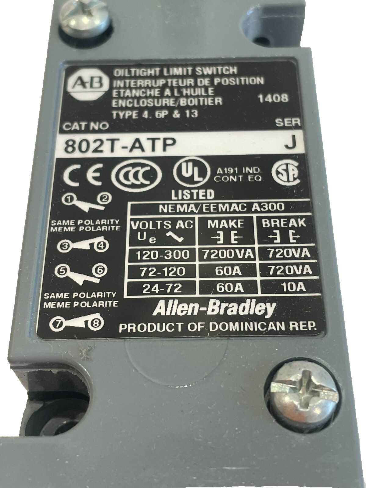 ALLEN BRADLEY 802T-ATP LIMIT SWITCH SERIES J 802TATP NEW, SURPLUS - SB ...