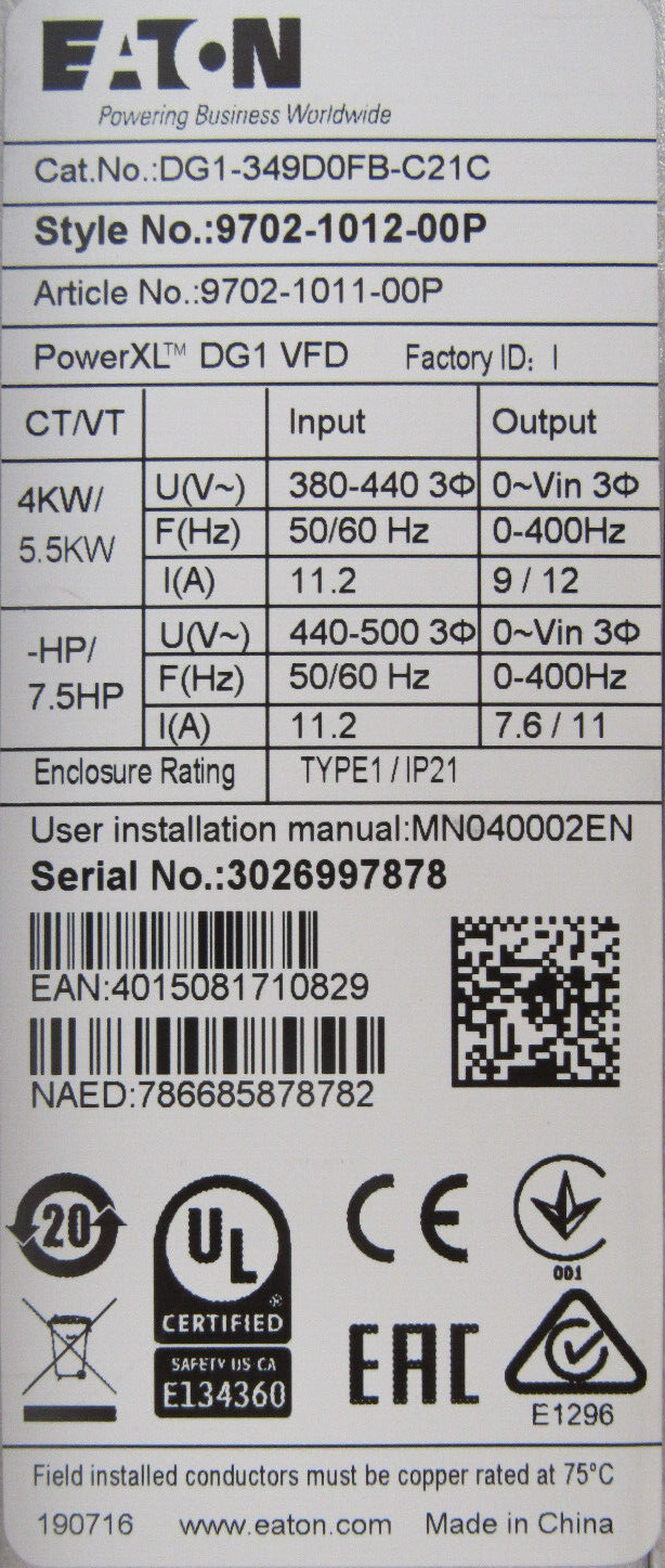 NEW EATON DG1-349D0FB-C21C DRIVE 7.5HP DG1349D0FBC21C - SB Industrial ...