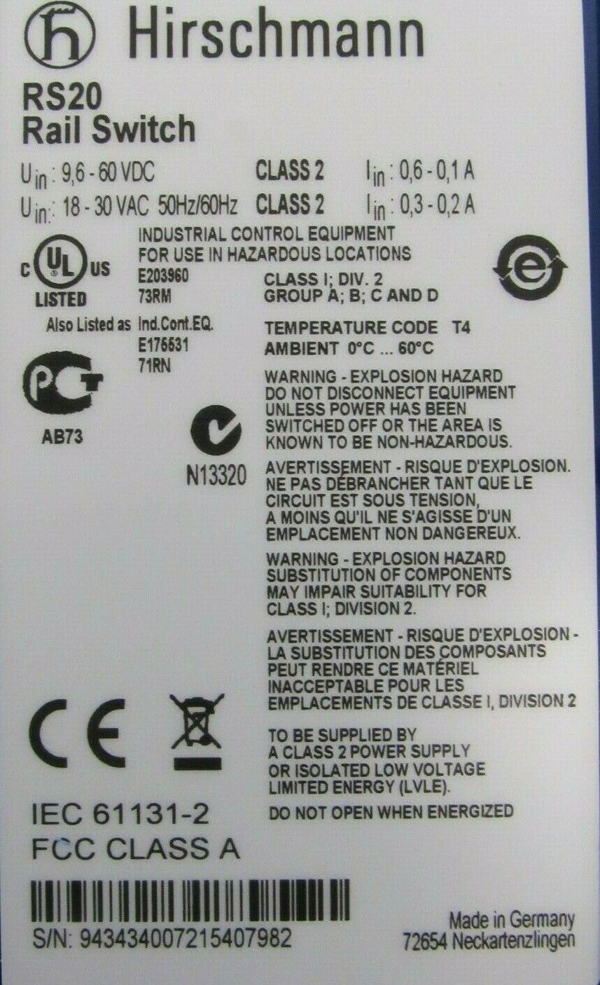 NEW HIRSCHMANN RS20-0400T1T1SDAE RAIL SWITCH RS200400T1T1SDAE - SB ...