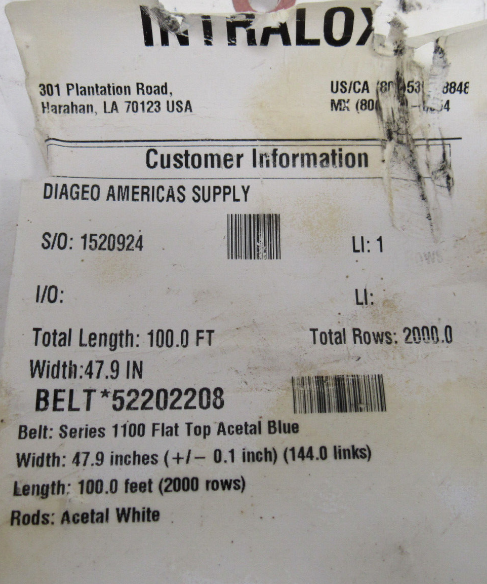 NEW INTRALOX 52202208 FLAT TOP CHAIN SERIES 1100 ACETAL BLUE 14.40FT L ...