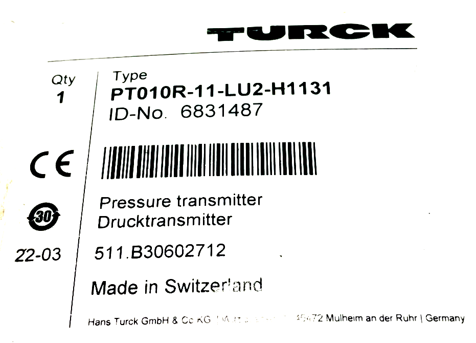 NEW TURCK PT010R-11-LU2-H1131 PRESSURE TRANSMITTER PT010R11LU2H1131 ...