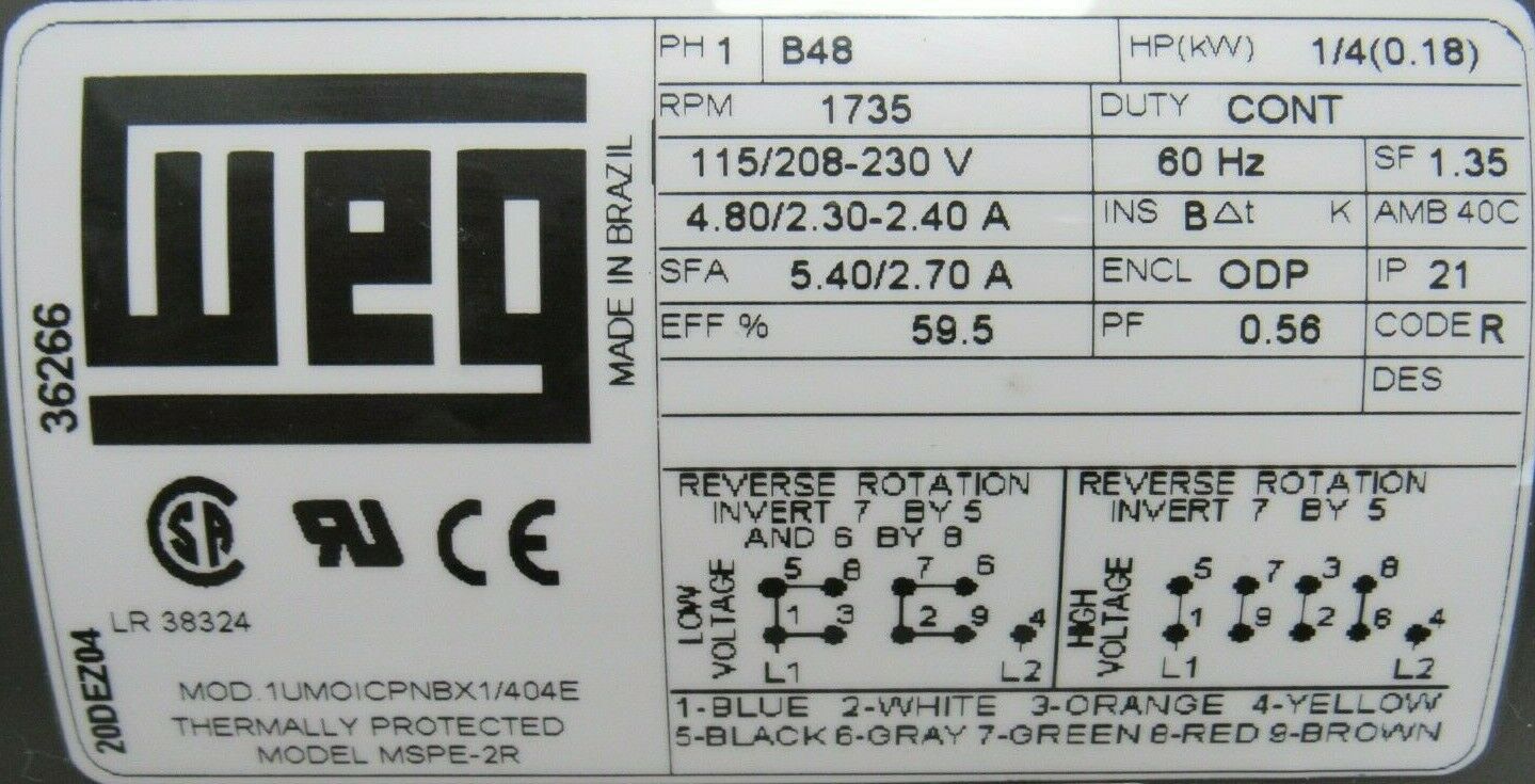 NEW WEG B48 MOTOR 1/4HP 1735 RPM 115/208-230V - SB Industrial Supply, Inc.