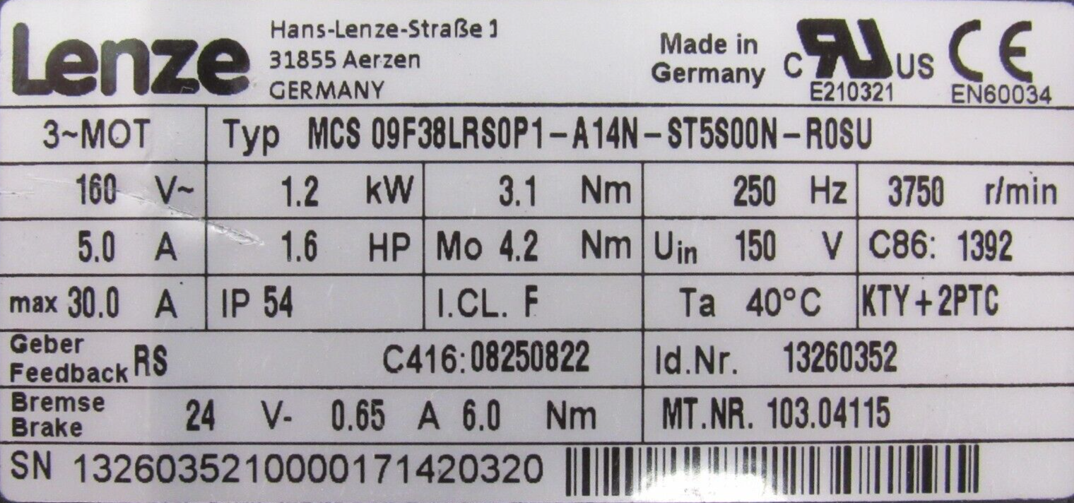 USED LENZE MCS 09F38LRS0P1-A14N-ST5S00N-R0SU SERVO MOTOR - SB ...