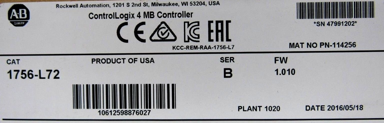 NEW ALLEN BRADLEY 1756-L72 PROCESSOR MODULE SERIES B 1756L72 - SB ...
