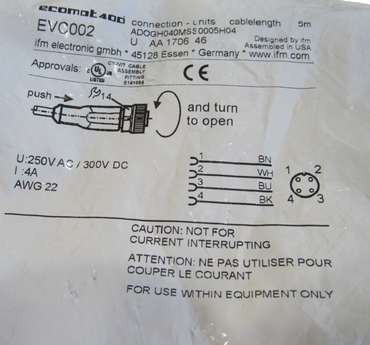 NEW LOT OF 4 IFM EVC002 CONNECTION CABLE 5M ADOGH040MSS0005H04-EVC002 ...