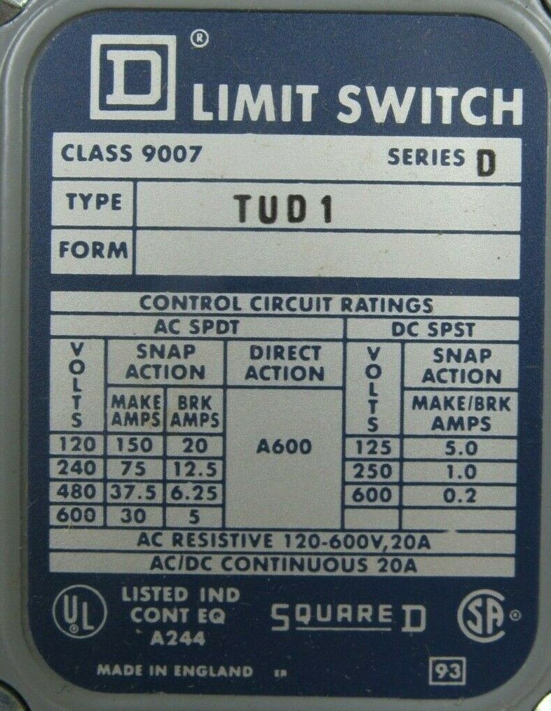 NEW SQUARE D 9007-TUD1 LIMIT SWITCH SER.D 9007TUD1 - SB Industrial ...