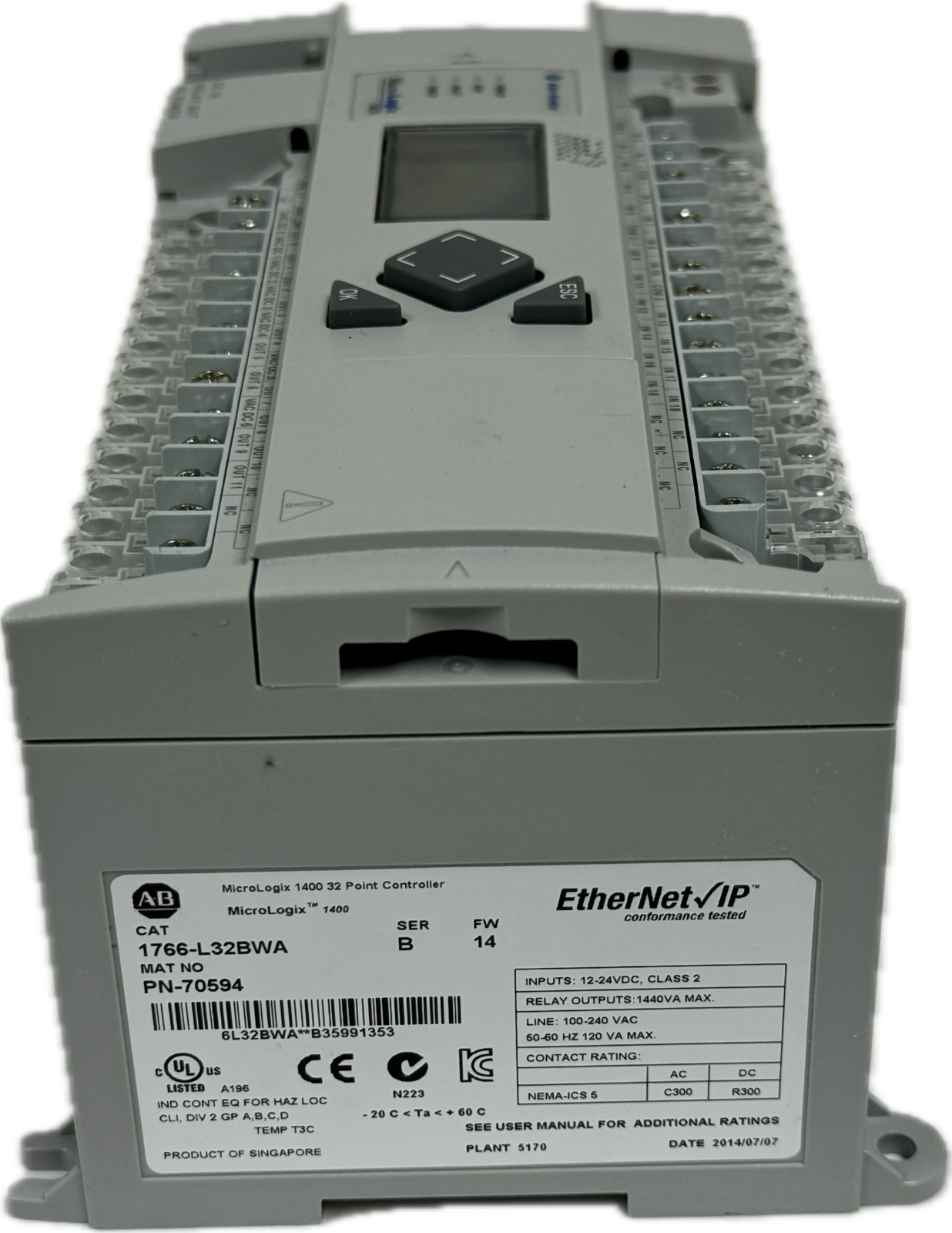 USED ALLEN BRADLEY 1766-L32BWA MICROLOGIX 1400 CONTROLLER SER. B FW: 14 ...