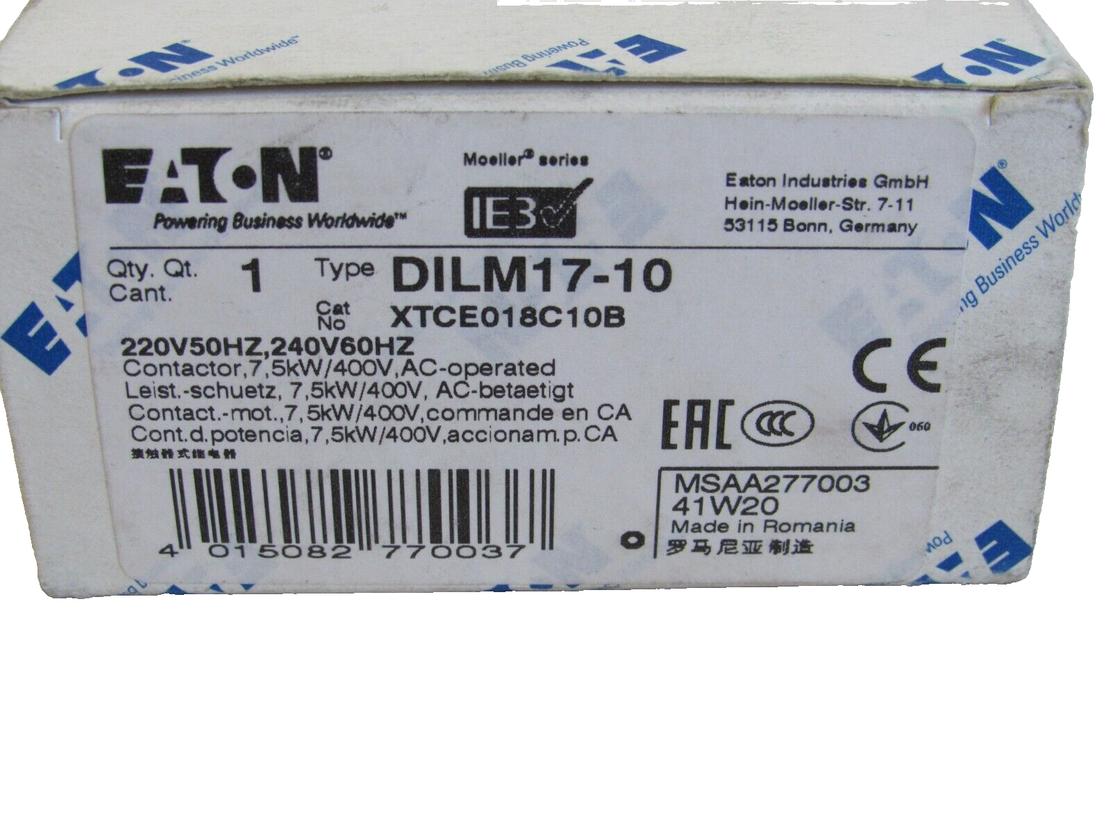 NEW EATON DILM17-10 CONTACTOR DILM17-10 XTCE018C10 - SB Industrial ...