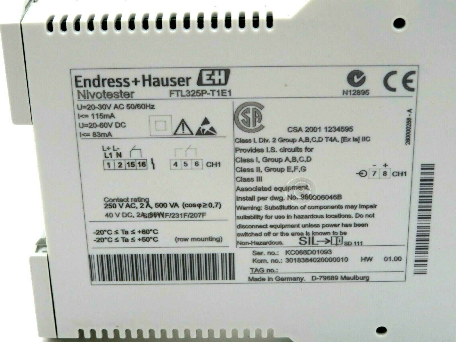 NEW ENDRESS HAUSER FTL325P-T1E1 NIVOTESTER LEVEL SWITCH FTL325P ...