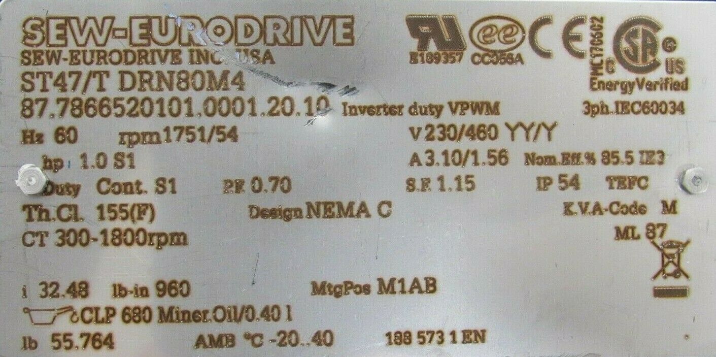 NEW SEW-EURODRIVE ST47/T-DRN80M4 GEARMOTOR 230/460V ST47TDRN80M4 - SB ...