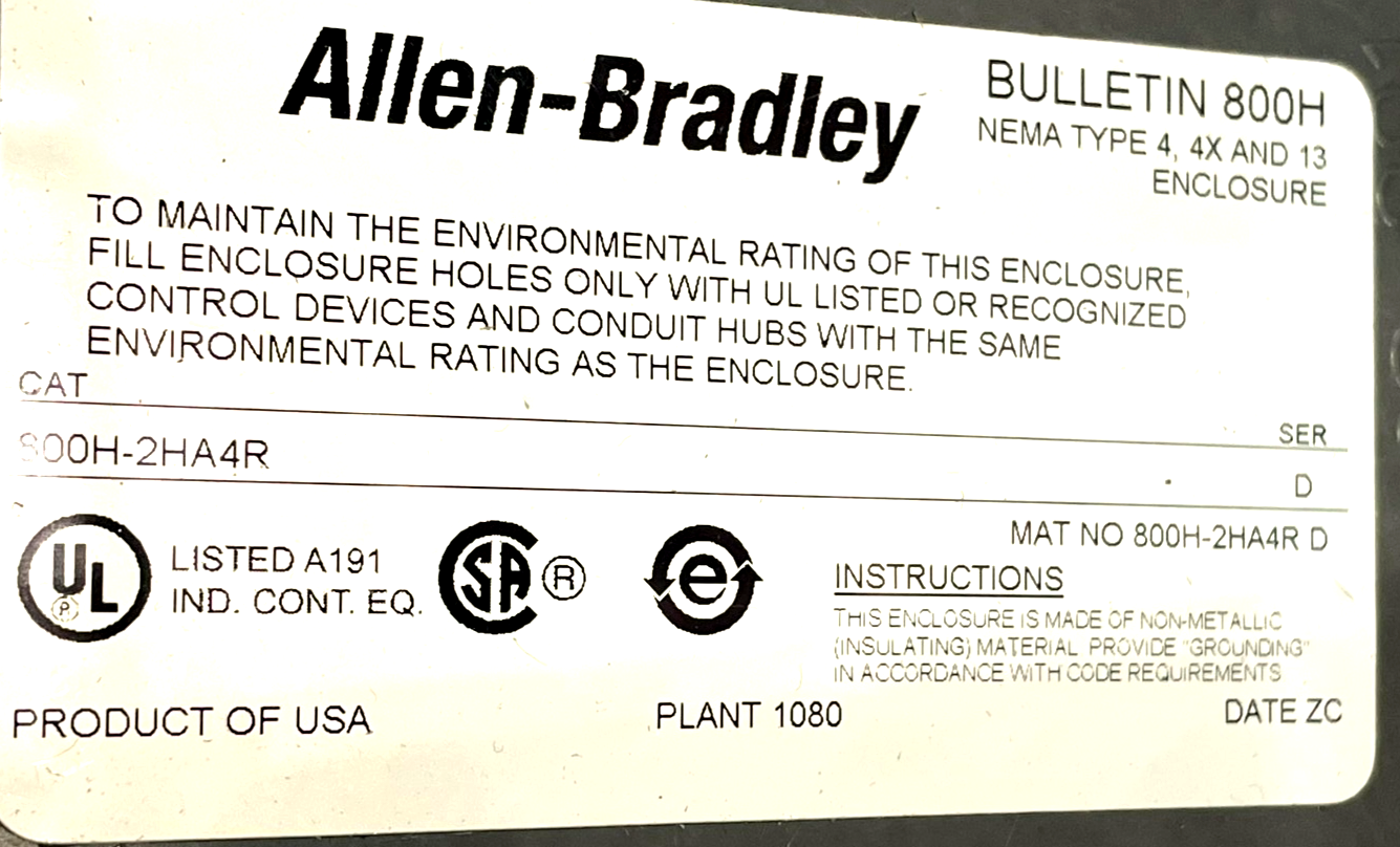 ALLEN BRADLEY 800H-2HA4R ENCLOSURE SERIES D 800H2HA4R NEW, SURPLUS - SB ...