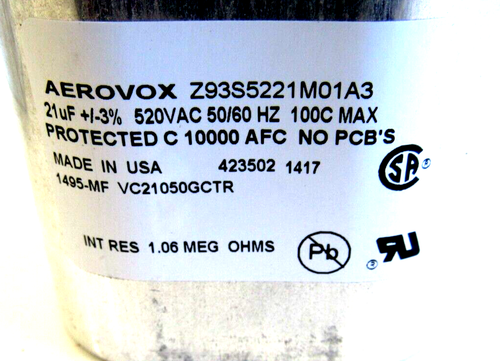 NEW AEROVOX Z93S5221M01A3 CAPACITOR 005-1495-BH - SB Industrial Supply ...