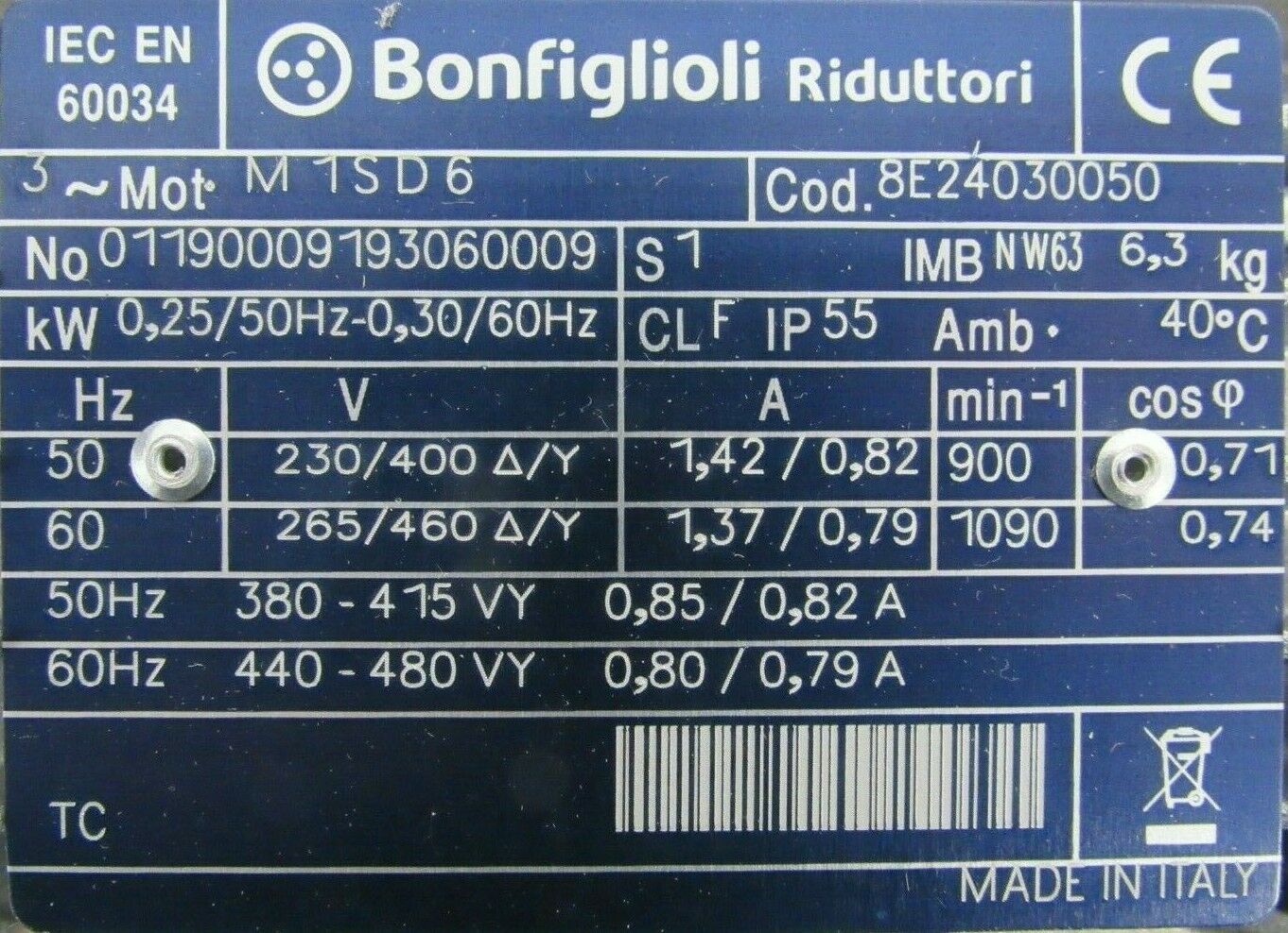 NEW BONFIGLIOLI 6102-1-03TE GEAR MOTOR M1SD6 W63-UF1-100-S1-B3 ...