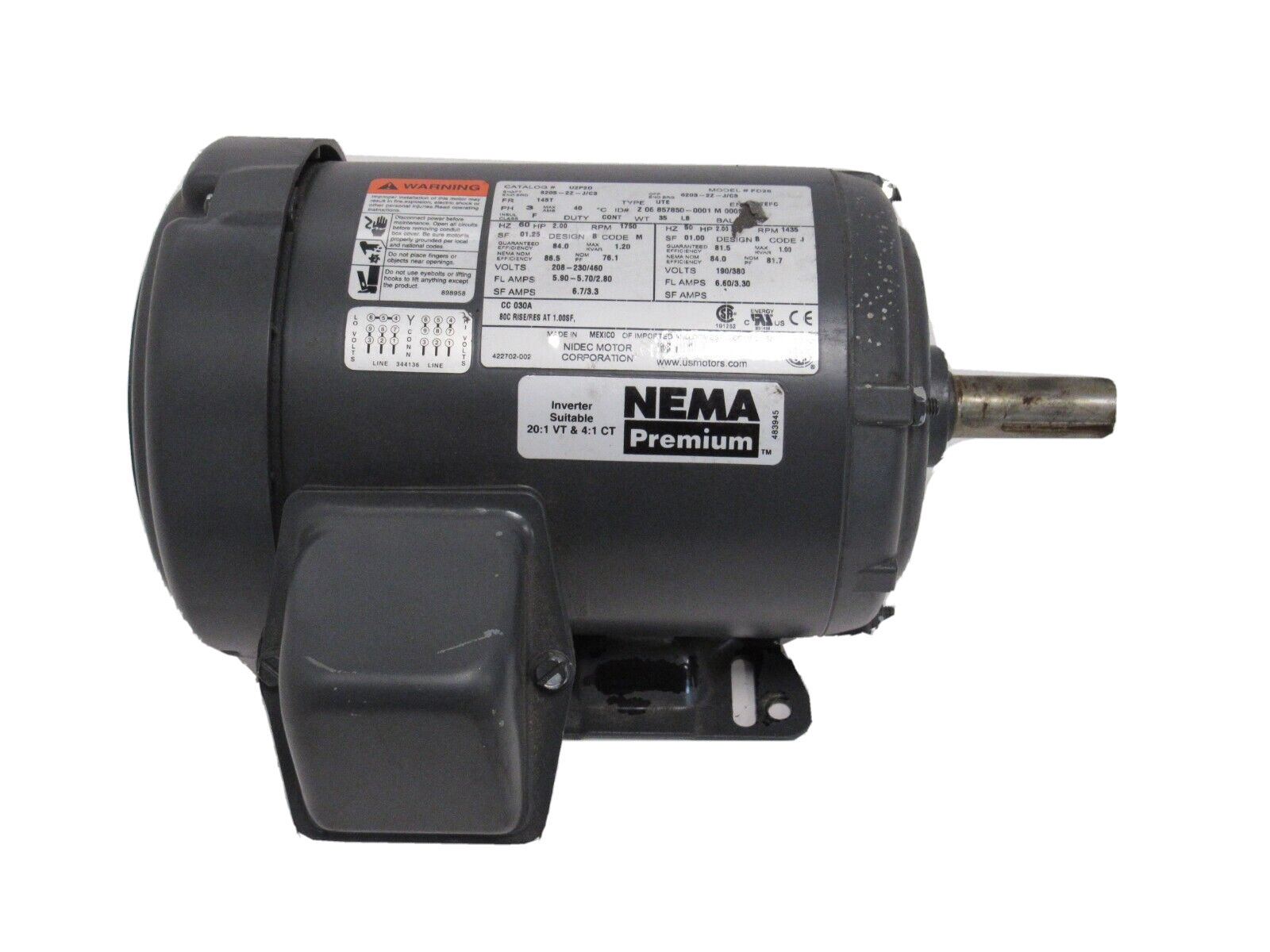 NEW NIDEC U2P2D MOTOR 2HP 145T 3PH 1750RPM 208-230/460V FD26 7/8" DIA ...
