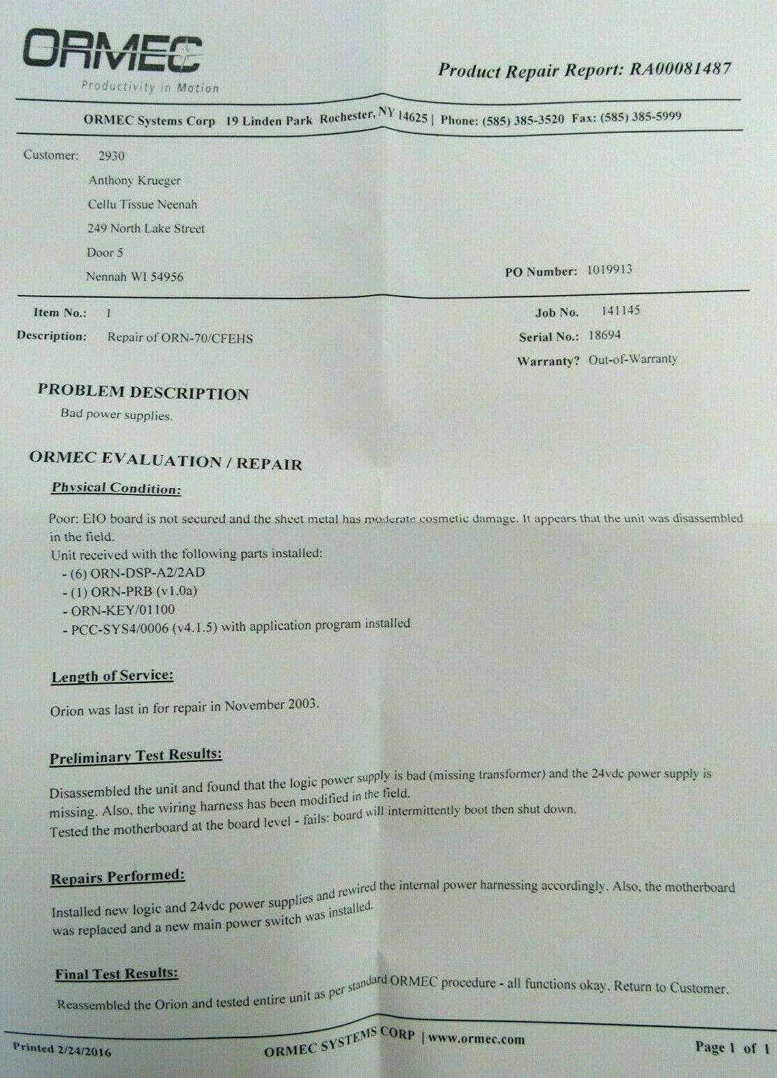 REFURBISHED ORMEC ORN-70/CFEHS MOTION CONTROLLER ORN-DSP-A2/2AD - SB Industrial Supply, Inc.