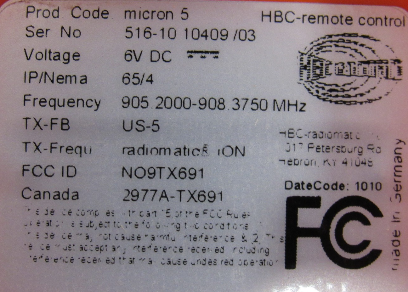 NEW HBC MICRON 5 CRANE REMOTE CONTROL - SB Industrial Supply, Inc.