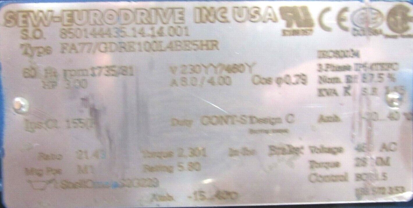NEW SEW EURODRIVE FA77/GDRE100L4BE5HR GEARMOTOR 21.43:1 230/460V 3HP ...