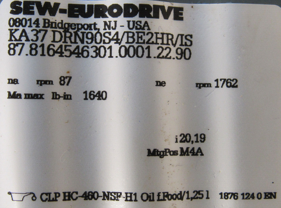 NEW SEW EURODRIVE KA37 DRN90S4/BE2HR/IS GEARMOTOR 20.19 KA37DRN90S4BE2HRIS - SB Industrial ...