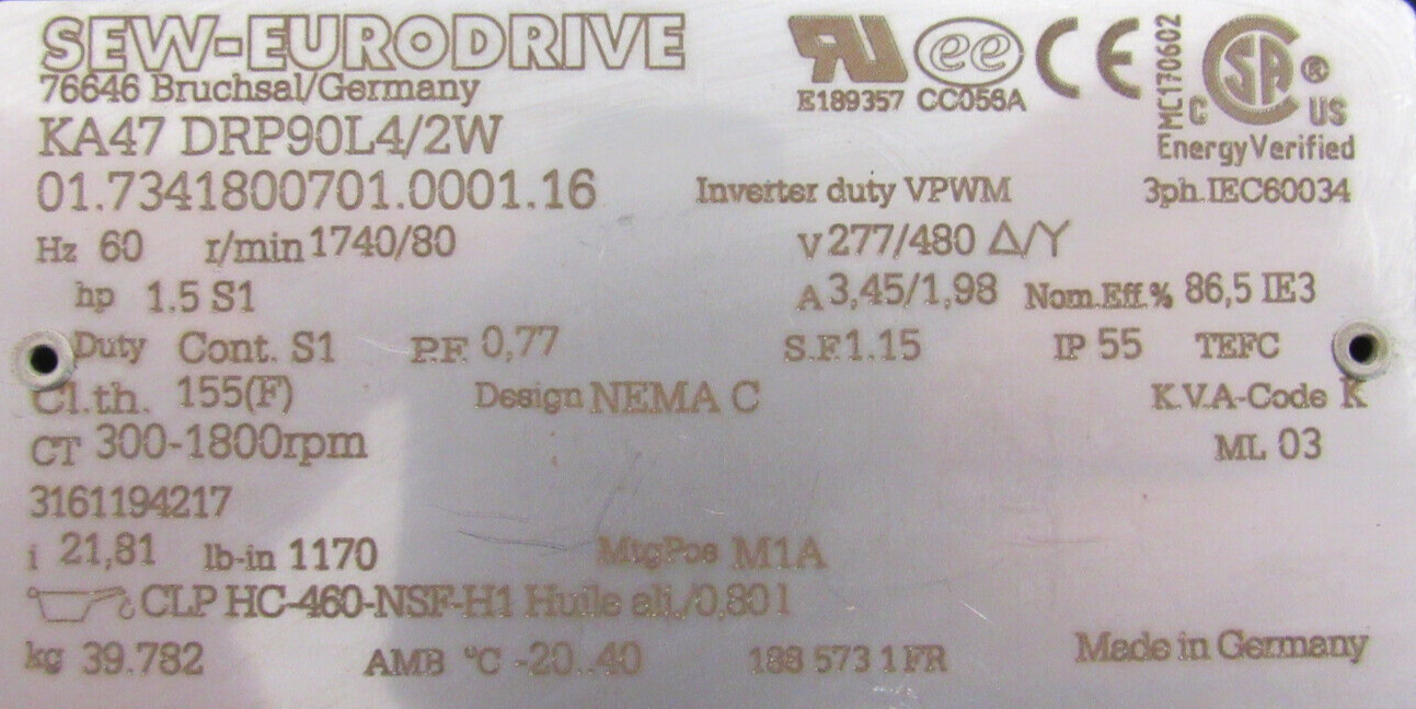 NEW SEW EURODRIVE KA47 DRP90L4/2W GEARMOTOR 21.81 277/480V ...