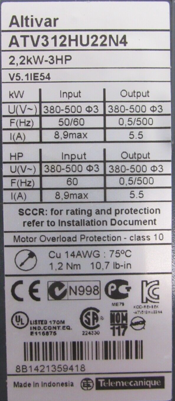 NEW TELEMECANIQUE ATV312HU22N4 VARIABLE SPEED DRIVE 3HP 2.2KW - SB ...