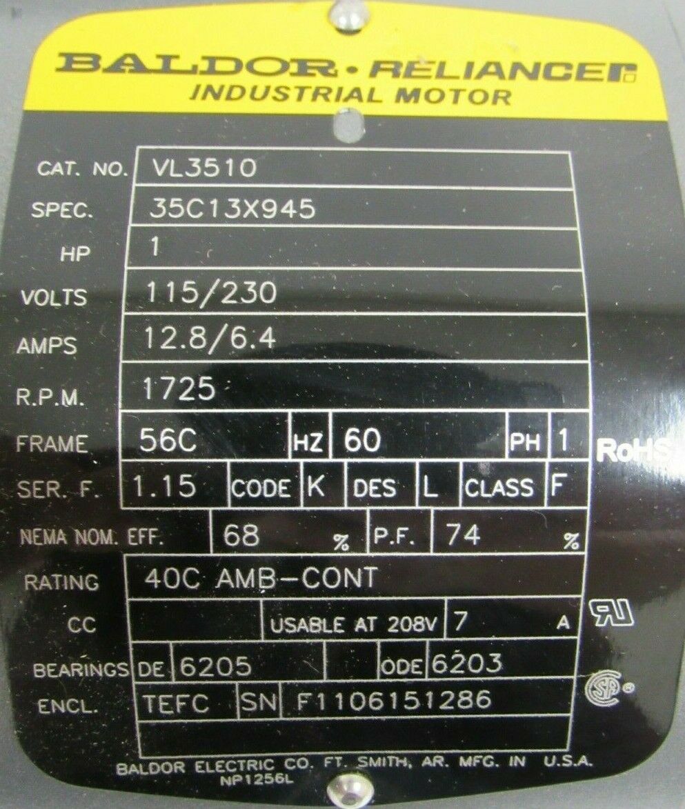 NEW BALDOR VL3510 MOTOR 1HP 115/230V 1725RPM 35C13X945 2"x5/8" - SB ...