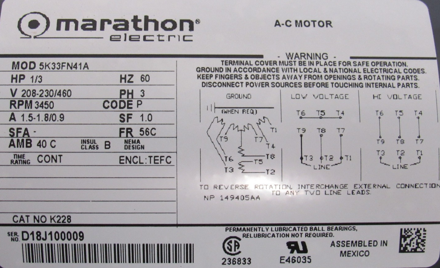 NEW MARATHON 5K33FN41A MOTOR 1/3HP 3450RPM 208-230/460V - SB Industrial ...