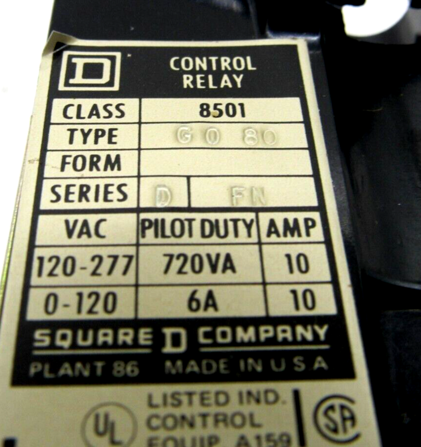 NEW SQUARE D 8501G080 CONTROL RELAY SERIES D 120-60 / 110/50 - SB ...