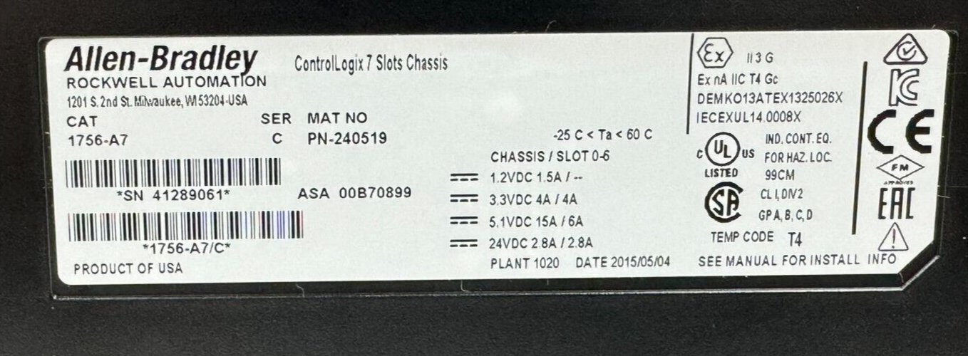 USED ALLEN BRADLEY 1756-L83ES GUARDLOGIX 5580 CPU SER. B W/ 1756-PB75 ...