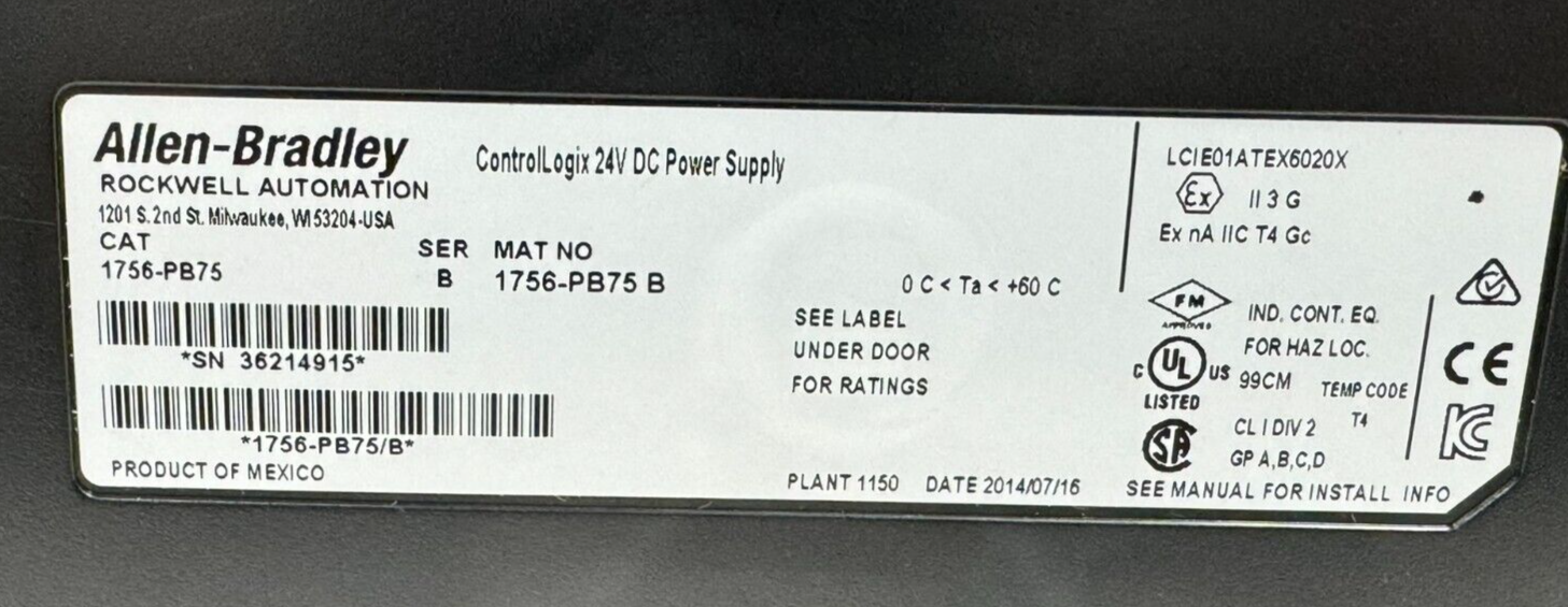 USED ALLEN BRADLEY 1756-L83ES GUARDLOGIX 5580 CPU SER. B W/ 1756-PB75 ...