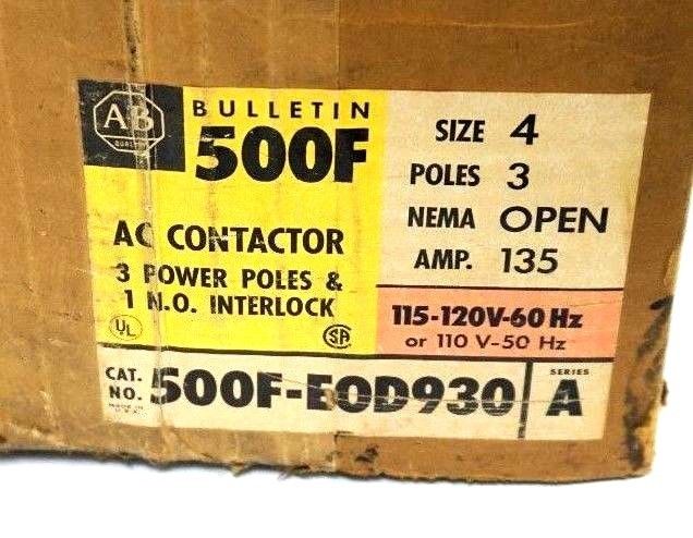 NEW ALLEN BRADLEY 500F-EOD930 SER.A 500F SIZE 4, 3 POLE, 135 AMP ...