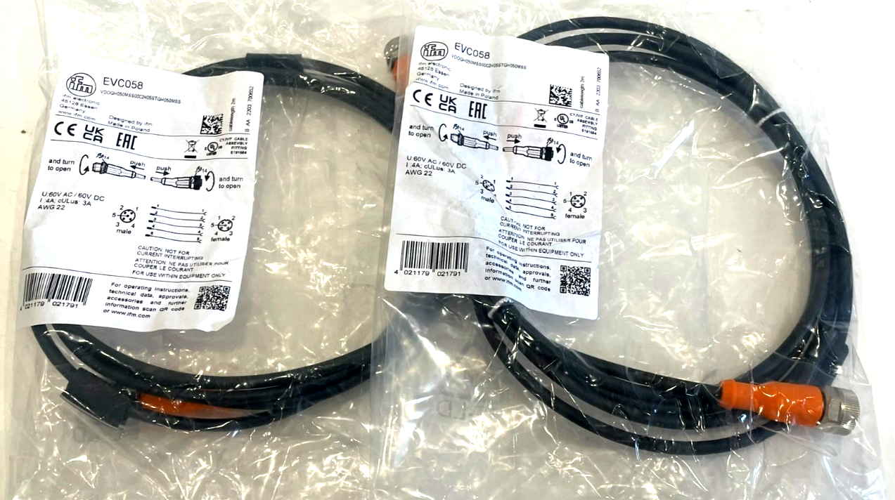 NEW IFM EFECTOR VDOGH050MSS0002H05STGH050MSS EVC058 CABLE 2M LOT OF 2 ...
