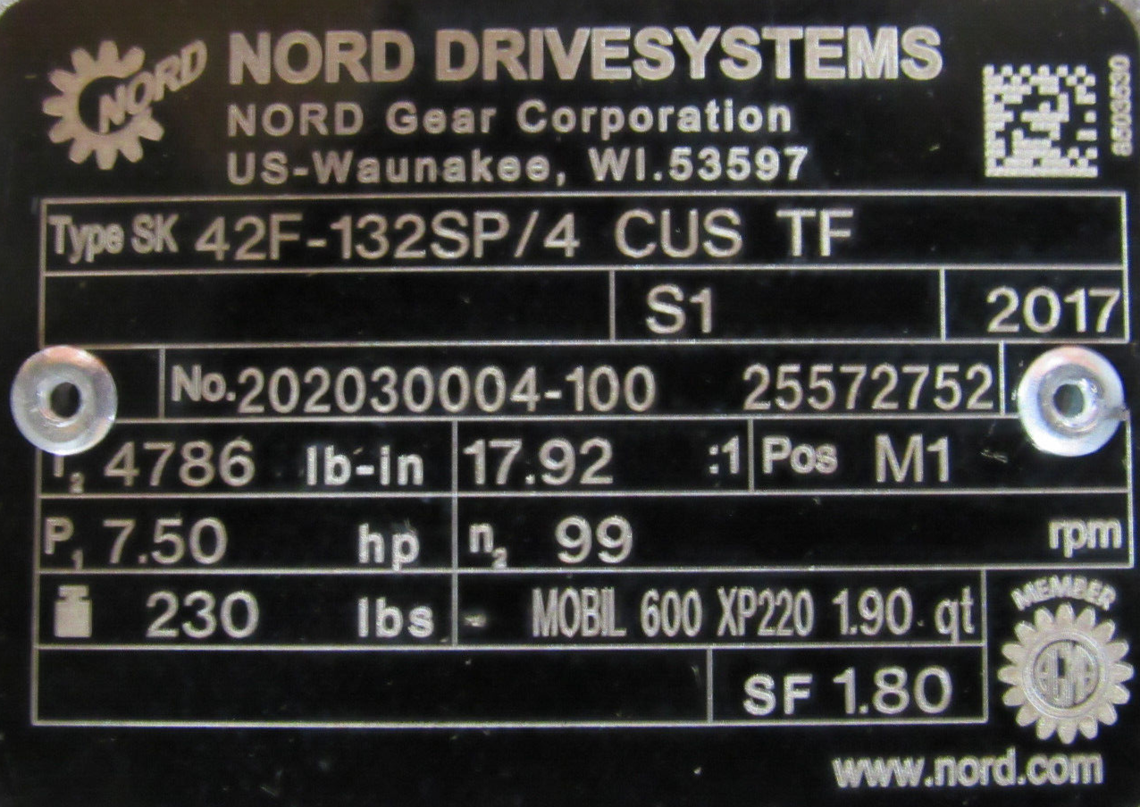 NEW NORD SK42F-132SP/4 CUS TF GEARMOTOR 17.92:1 265/460V 7.5HP - SB Industrial Supply, Inc.