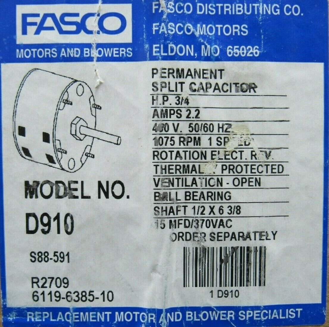 NEW FASCO D910 FAN CONDENSER MOTOR 3/4HP 460V - SB Industrial Supply, Inc.