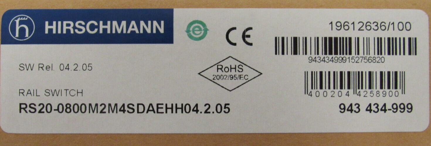 NEW HIRSCHMANN RS20 DIN RAIL ETHERNET SWITCH RS20-0800M2M4SDAEHH04.2.05 ...