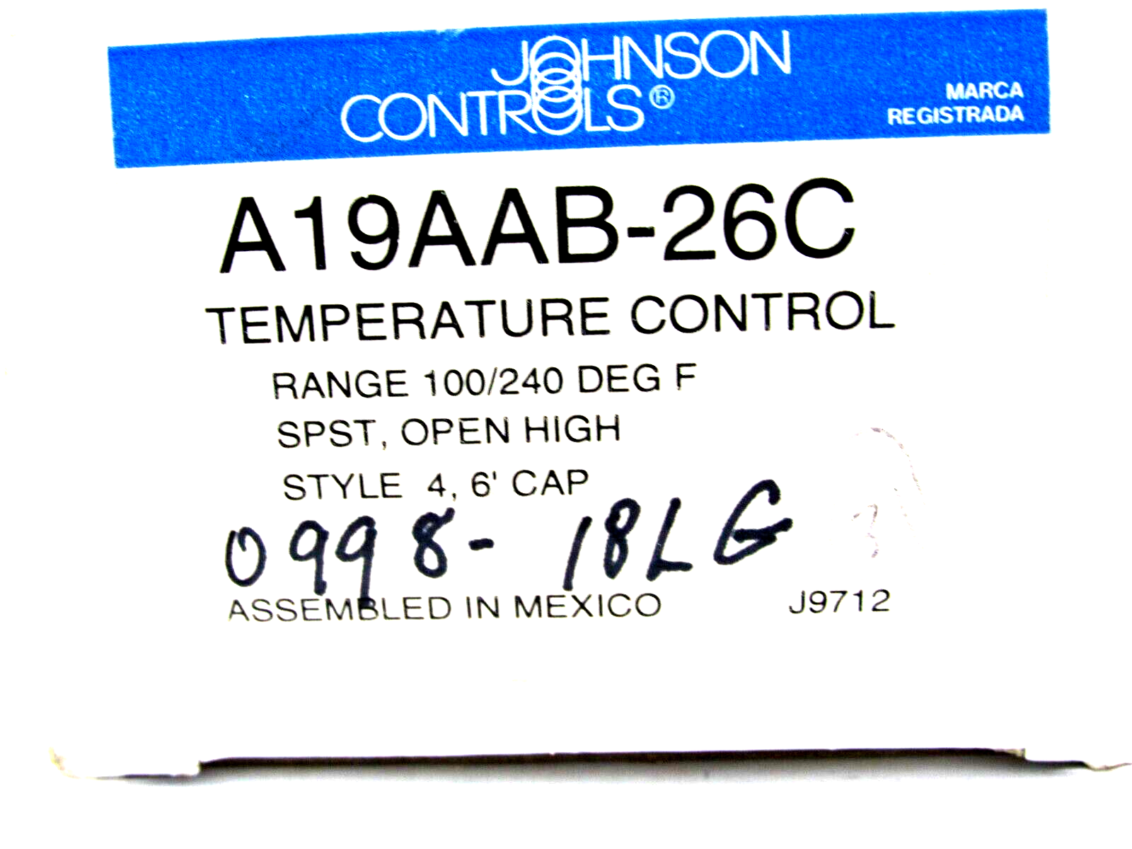 NEW JOHNSON CONTROLS A19AAB-26C TEMPERATURE CONTROL A19AAB26C - SB ...