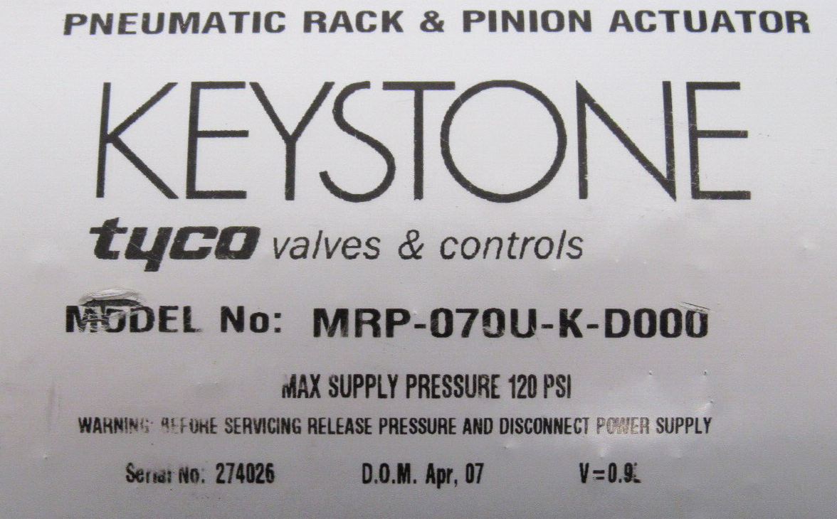 NEW KEYSTONE MRP-070U-K-D000 PNEUMATIC RACK & PINION ACTUATOR XA047D00 ...